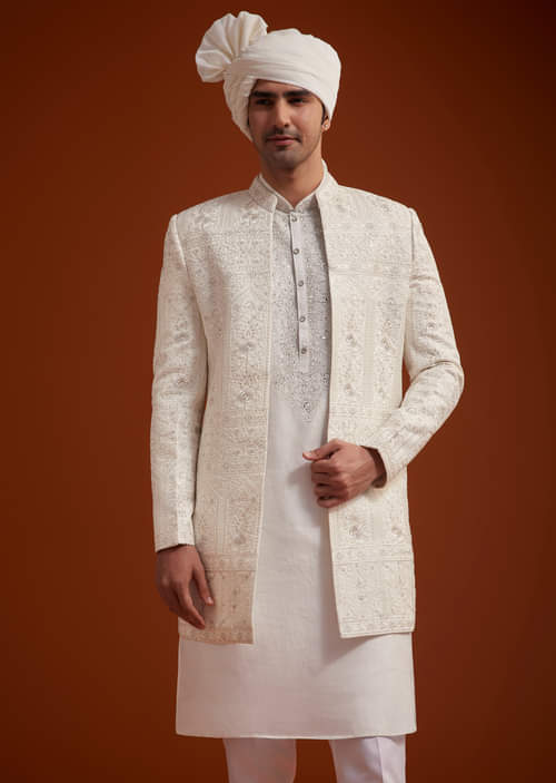Buy Off White Open Jacket Sherwani Set With Resham Work