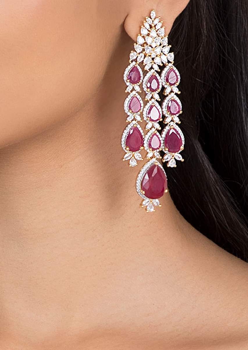 Buy Silver Plated Earrings With Faux Diamonds And Ruby Stones In Modern Design By Aster KALKI Fashion India