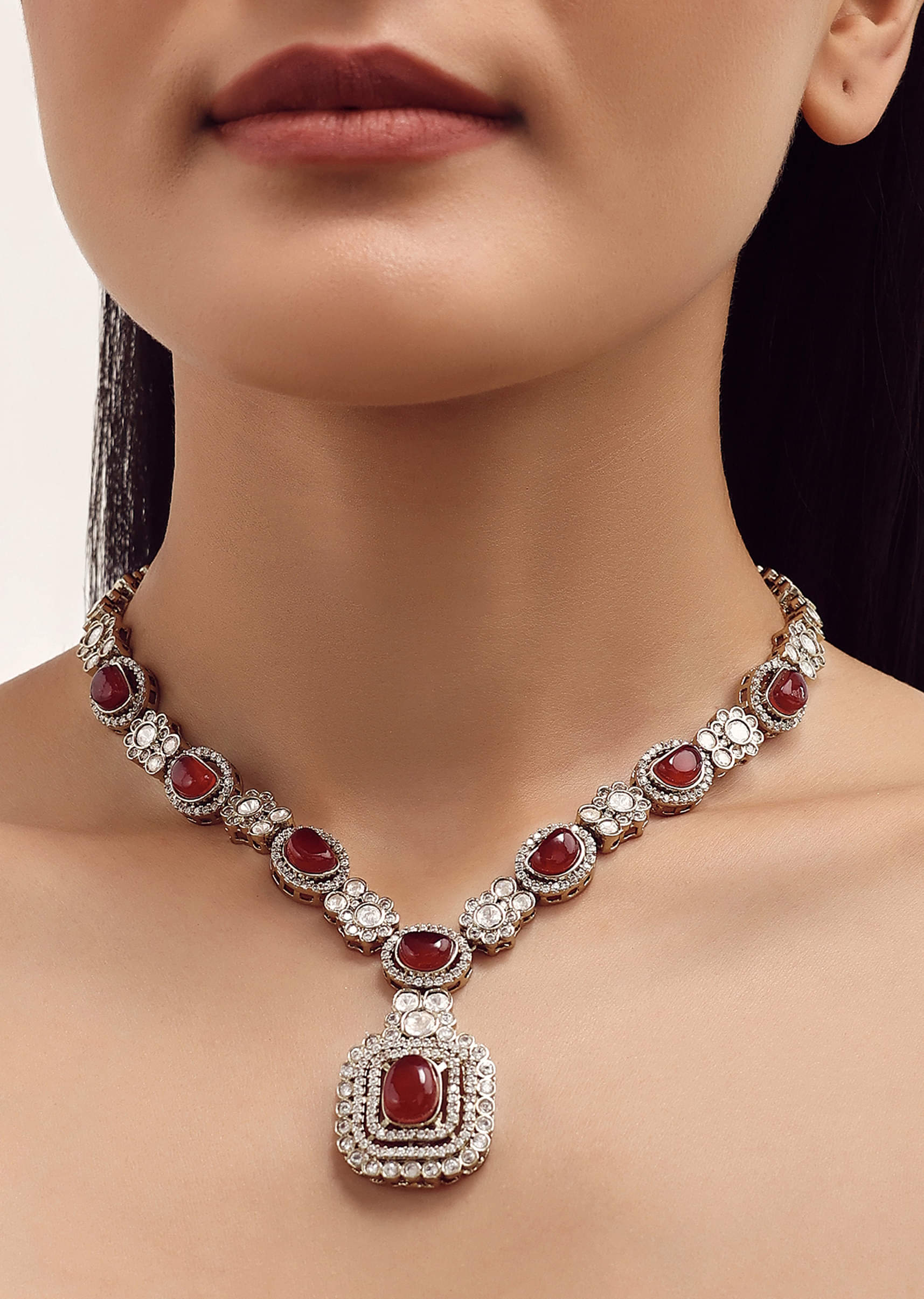 Silver Finish Kundan Necklace Set With Ruby Stone
