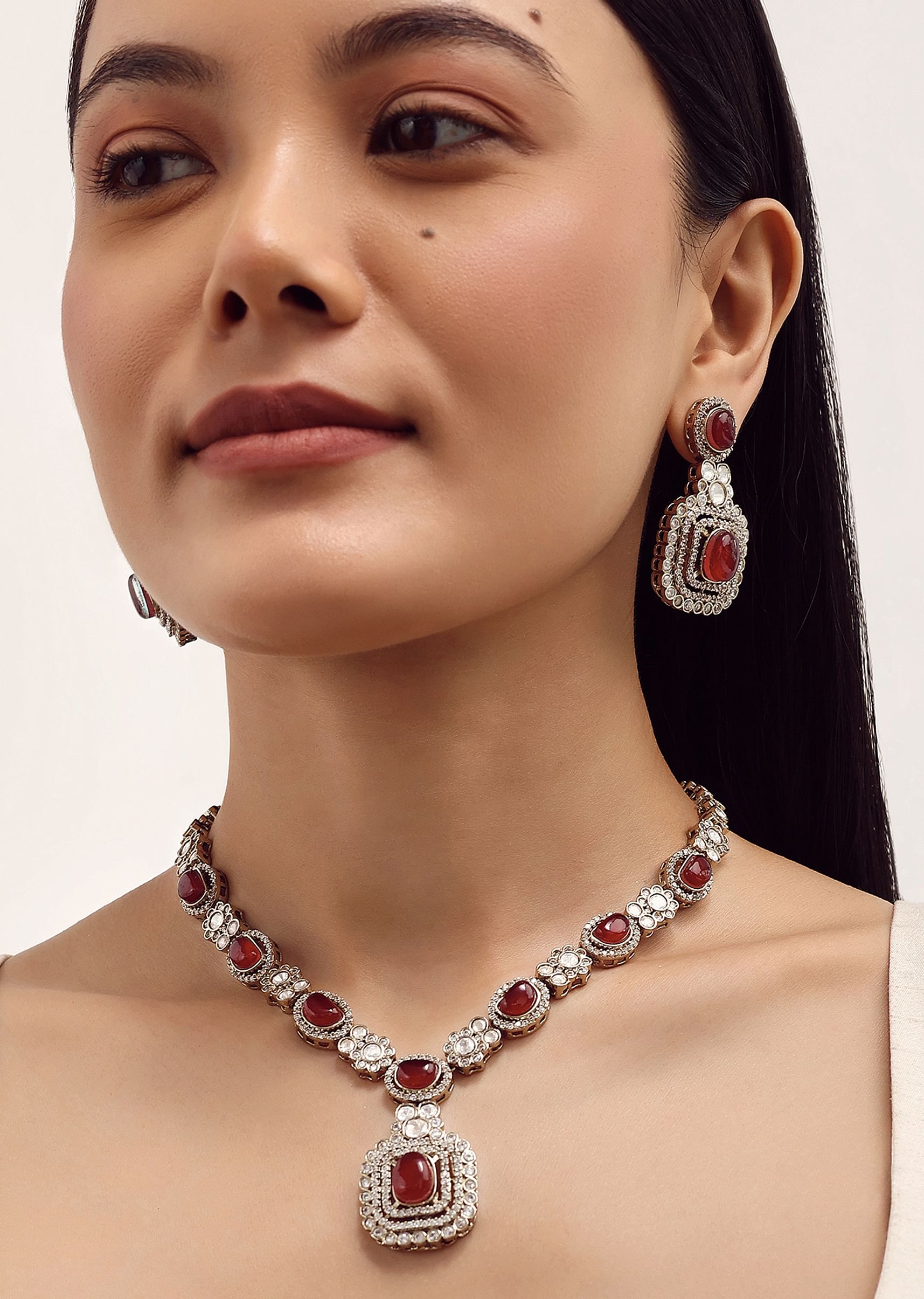 Buy Silver Finish Kundan Necklace Set With Ruby Stone
