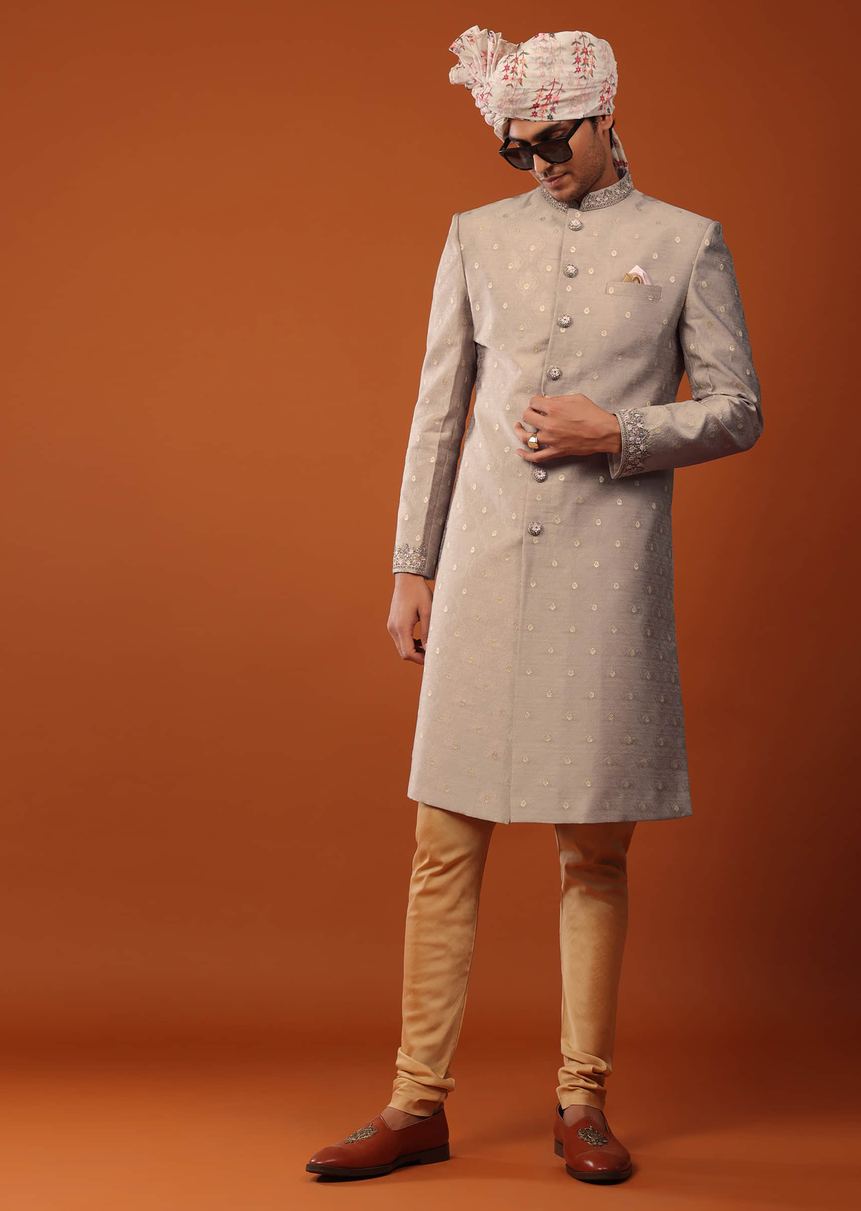 Buy Silver Grey Sherwani Set In Silk With Printed Buttis And Cut Dan ...