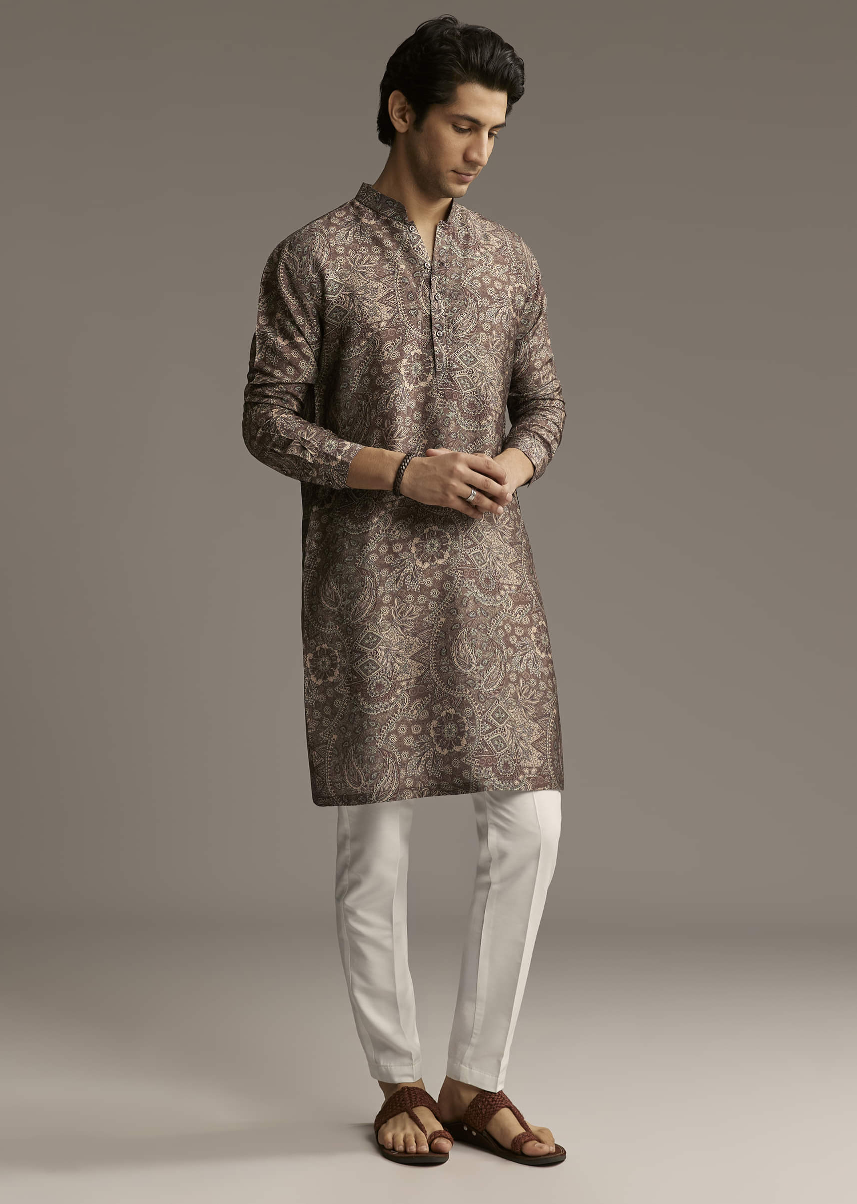 Buy Taupe Brown Silk Designer Kurta For Men With Intricate Paisley And ...
