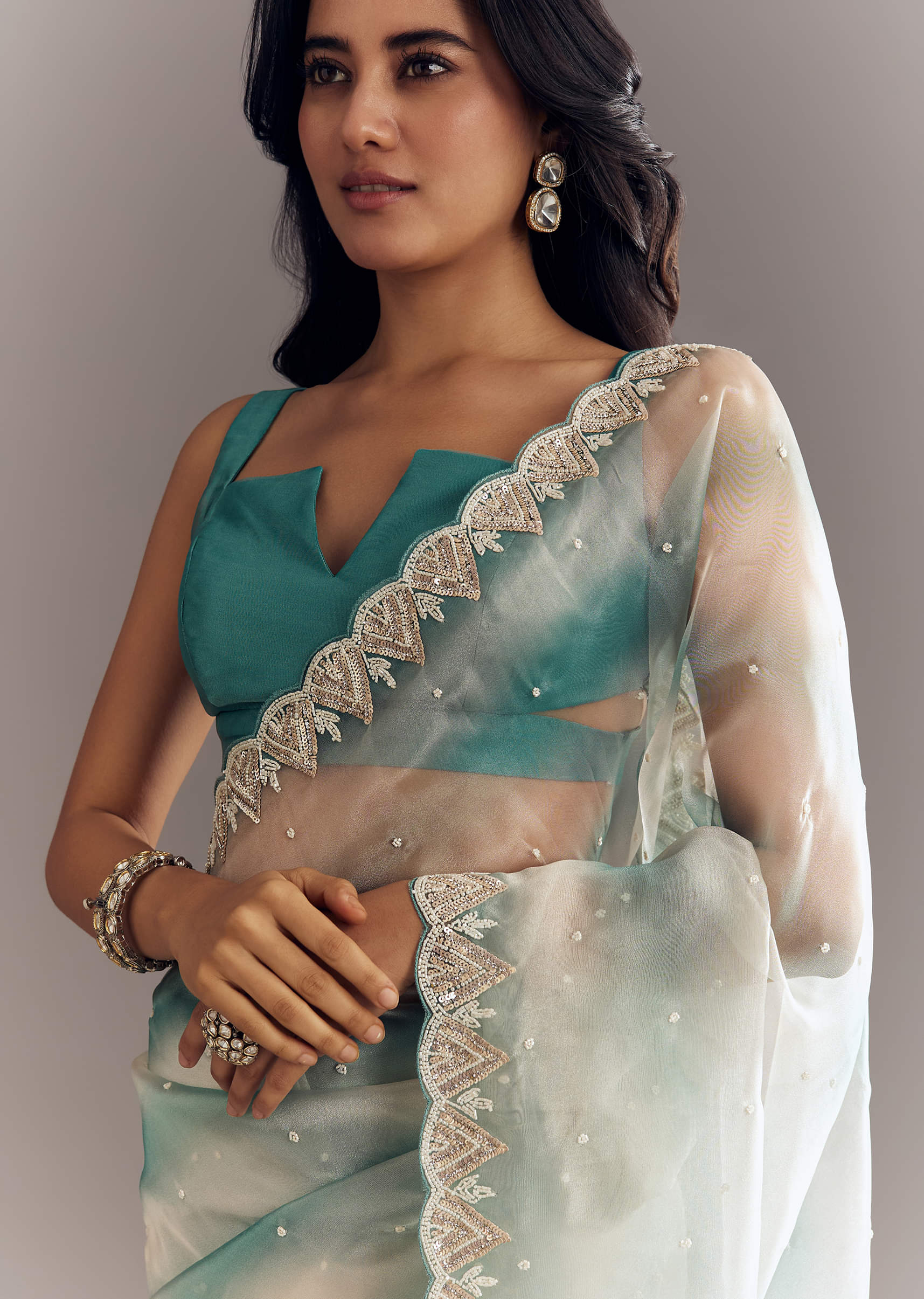 Buy Teal Blue Shaded Organza Saree With Moti Stone Sequins Embroidery And Cutwork Scallop Border