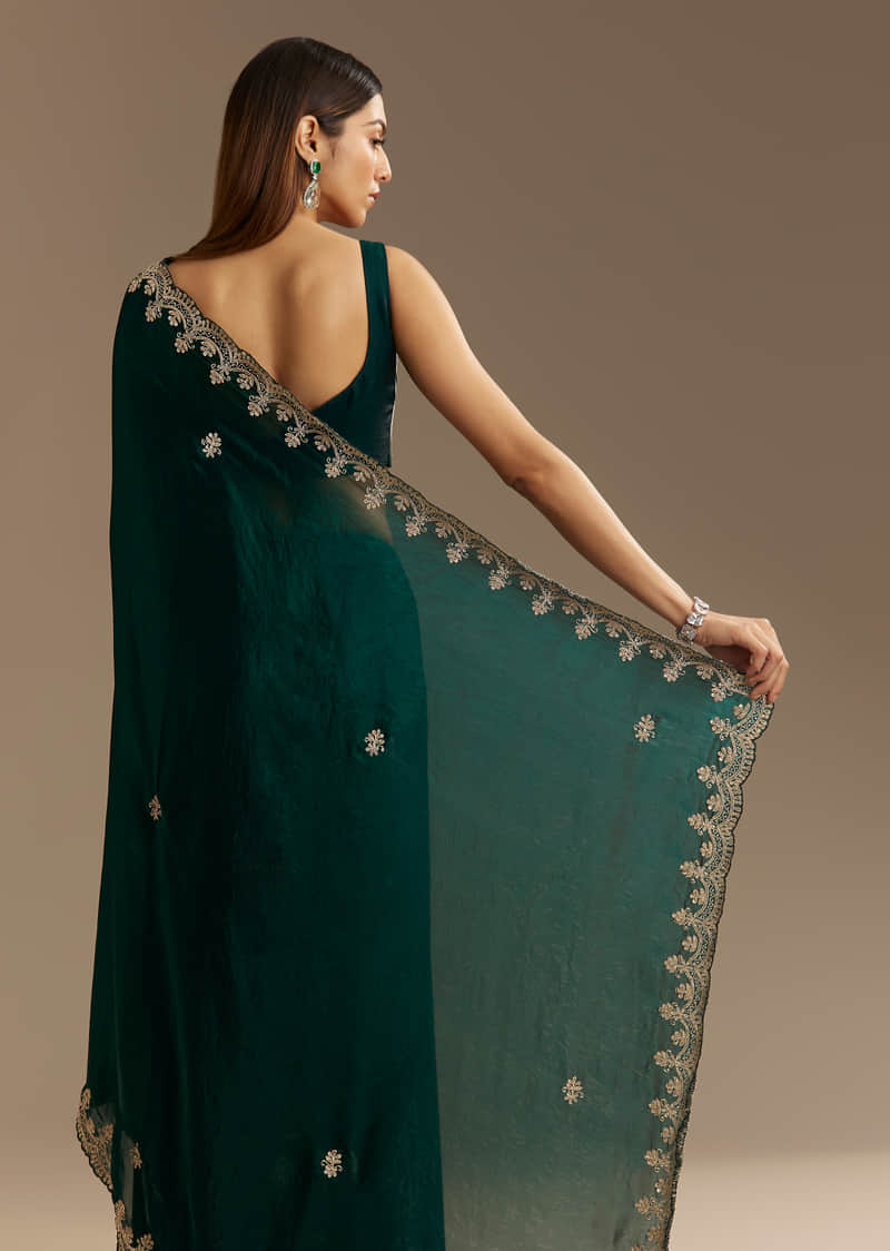 Buy Teal Green Satin Saree With Zardosi Embroidery And Scallop Border