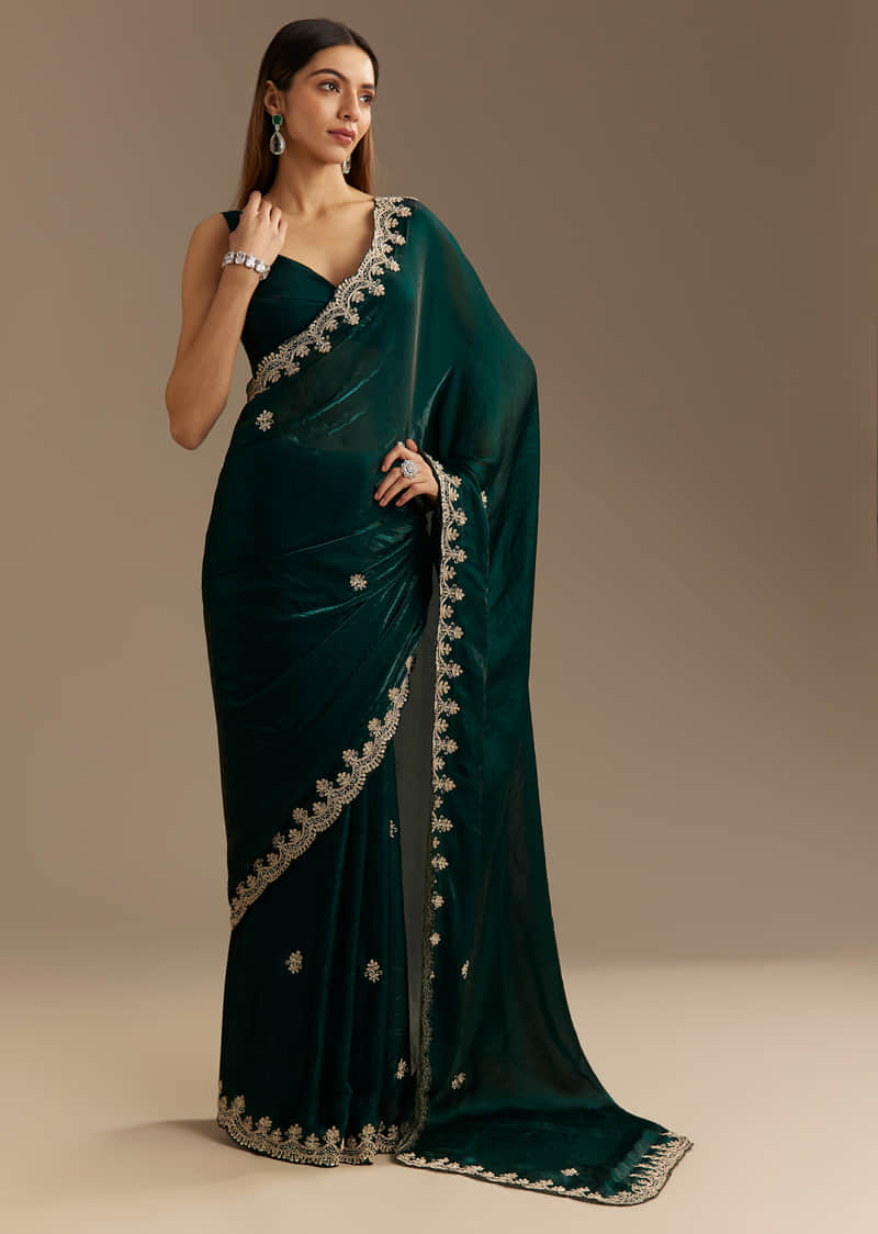 Buy Teal Green Satin Saree With Zardosi Embroidery And Scallop Border