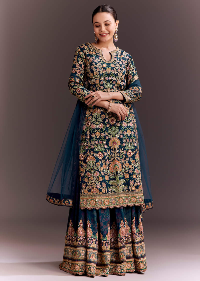 Buy Teal Blue Embroidered Palazzo Set| KALKI Fashion India