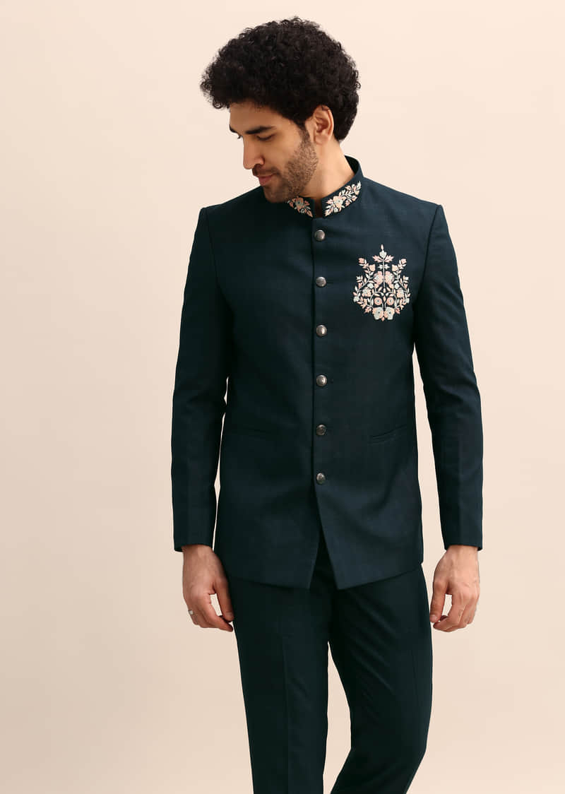 Buy Teal Blue Thread Work Jodhpuri Suit For Men | KALKI Fashion Global