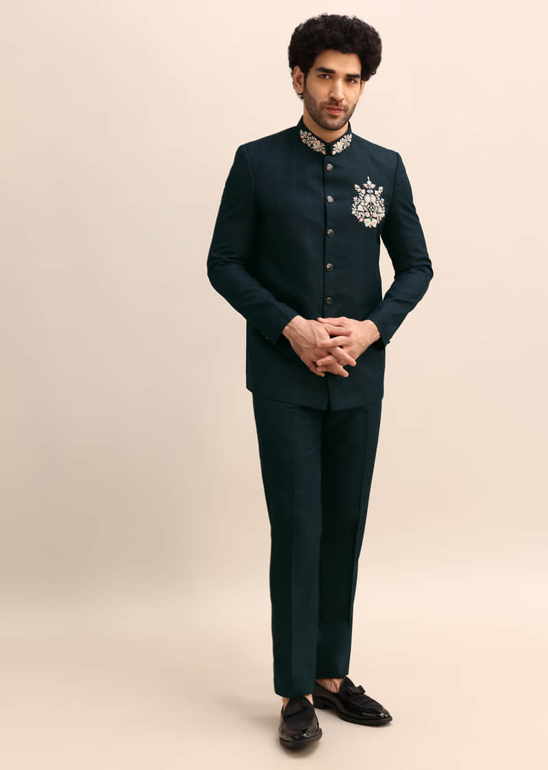 Buy Teal Blue Thread Work Jodhpuri Suit For Men | KALKI Fashion Global