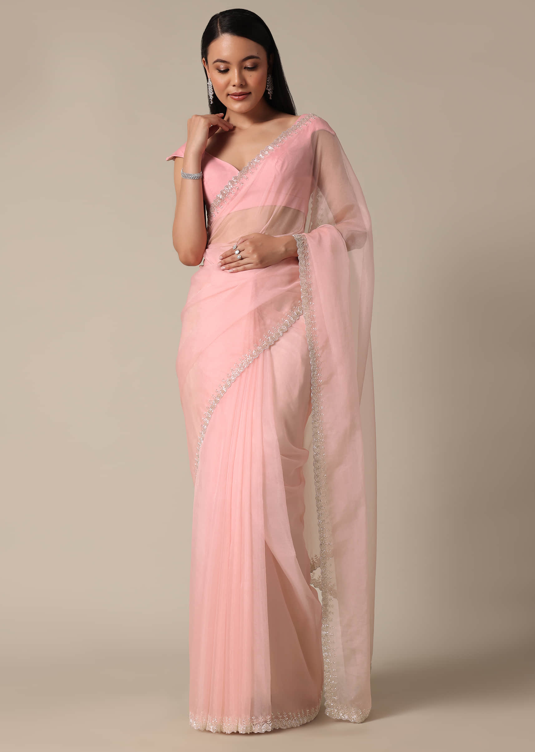 Buy Timeless Pink With Cut Dana Embellished Border Work | KALKI Fashion ...