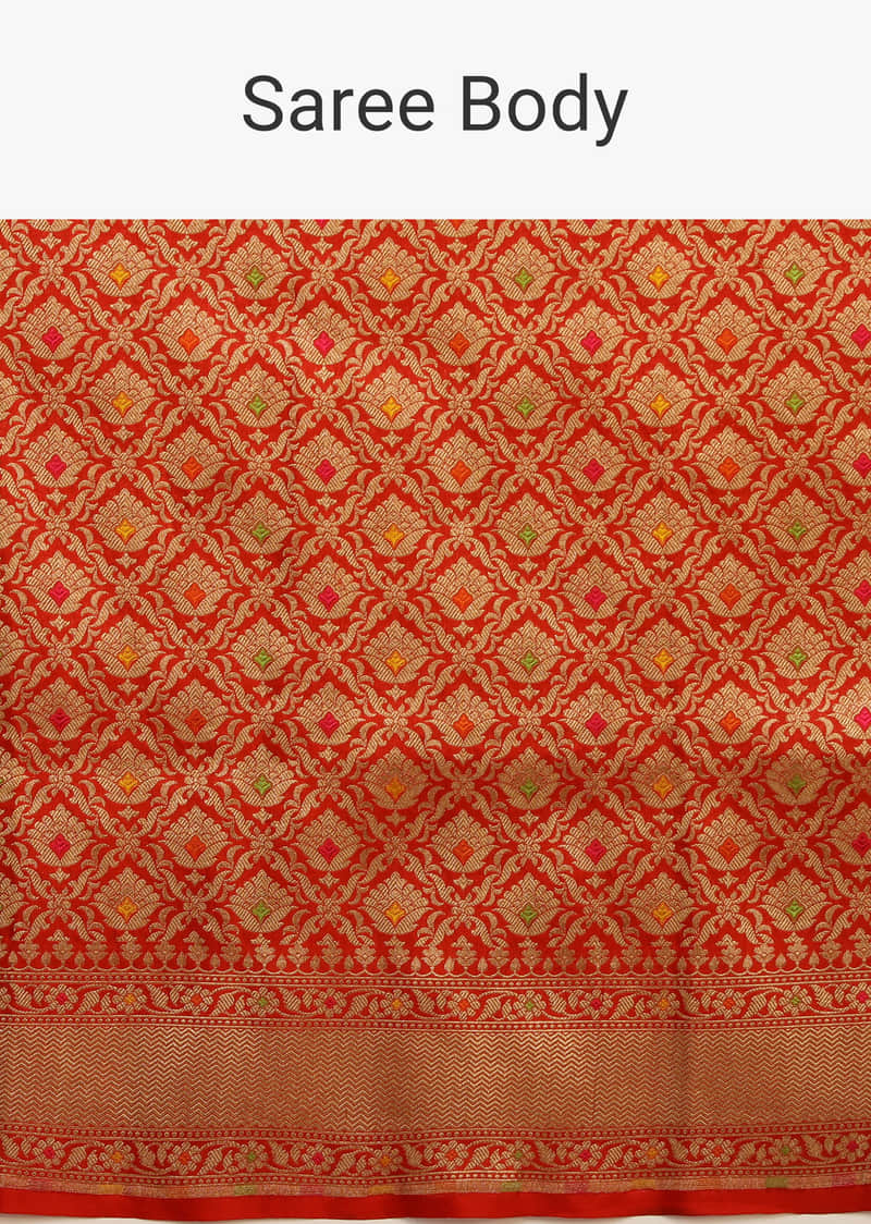 Buy Tomato Red Saree In Pure Handloom Silk With Golden Woven Moroccan ...