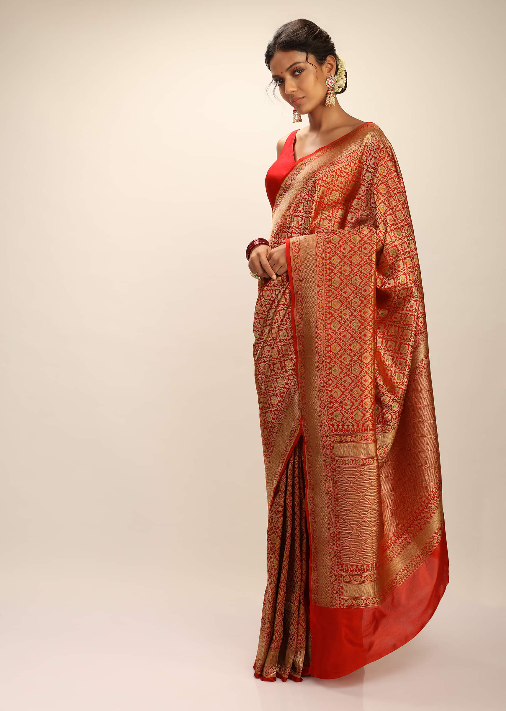 Buy Tomato Red Saree In Pure Handloom Silk With Golden Woven Moroccan Jaal And Multi Colored ...