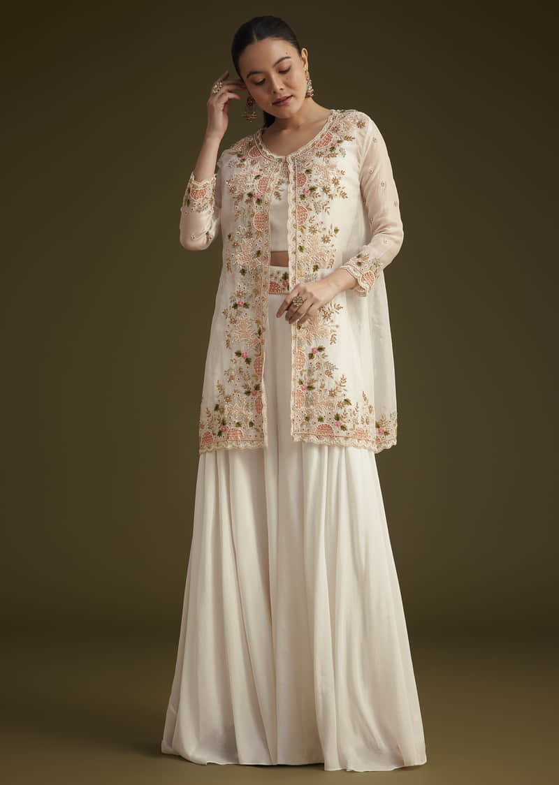 Buy White Embroidered Croptop Palazzo And Jacket Set