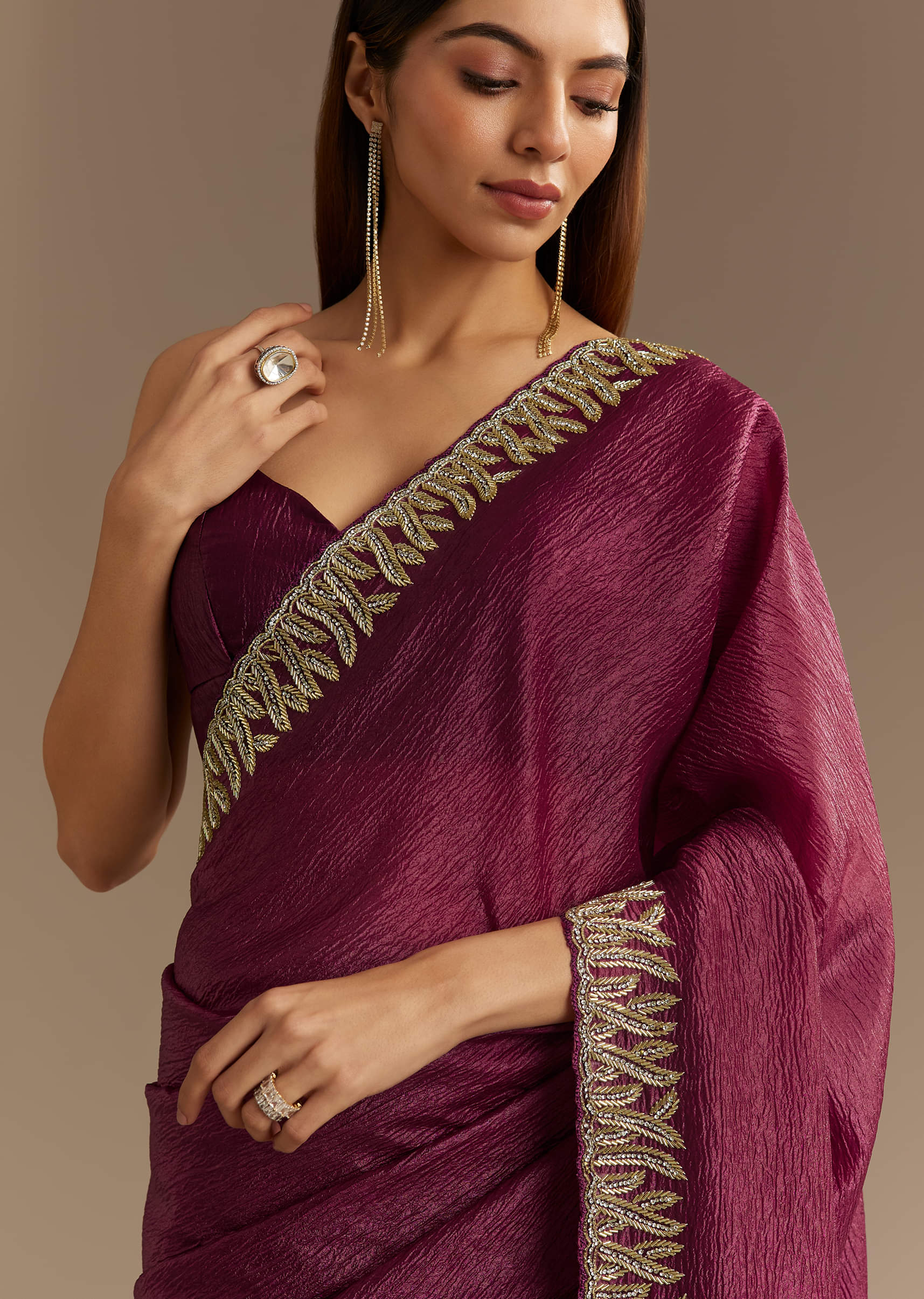 Buy Wine Crushed Tissue Saree With Cutdana And Stone Embroidery