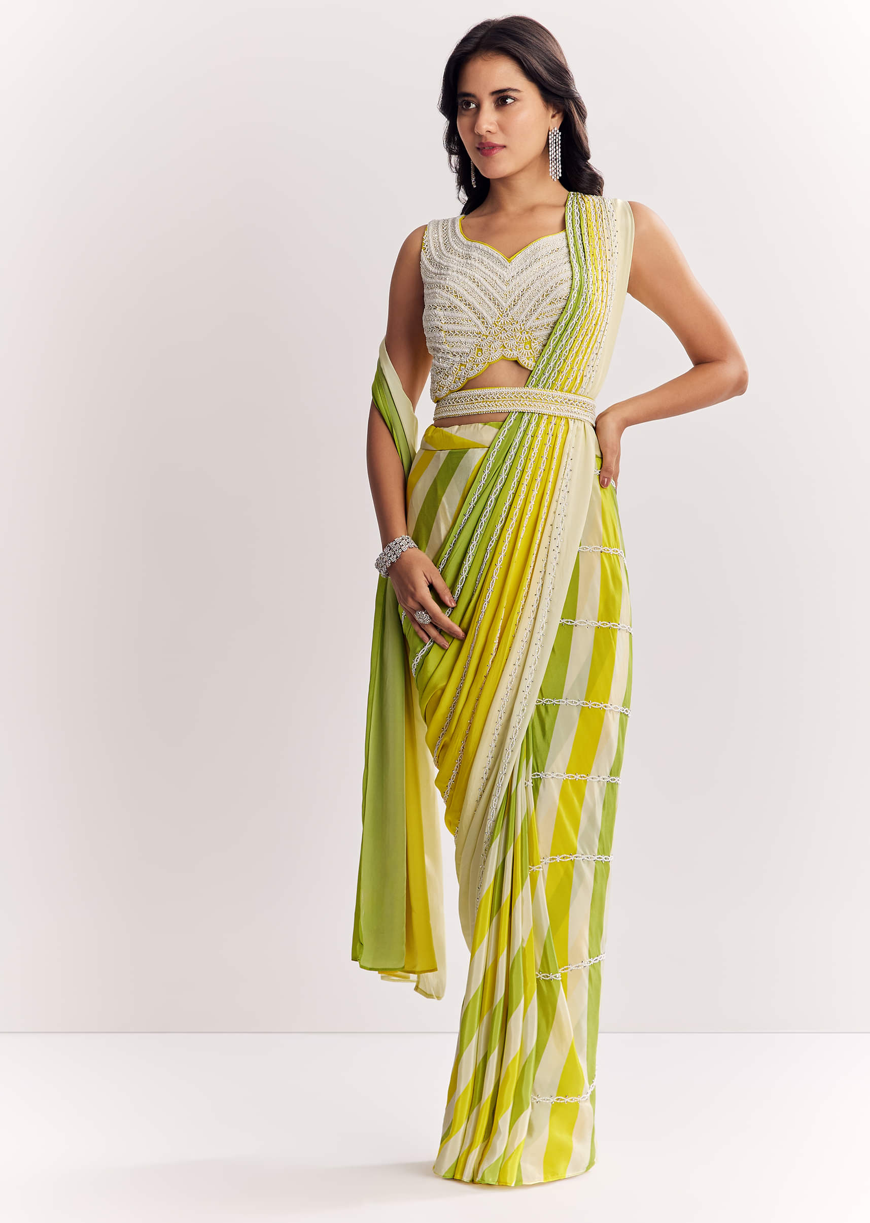 Buy Yellow Pre Stitched Saree With Striped Print And Moti Cutdana Blouse