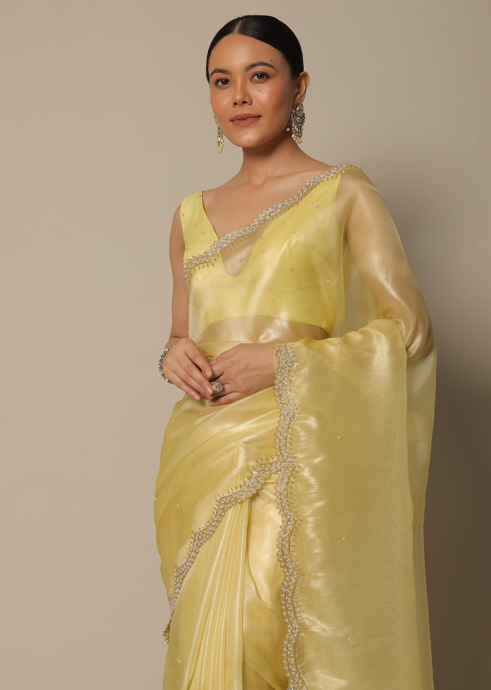 Buy Yellow Tissue Silk Saree With Bead Work And Unstitched Blouse Piece