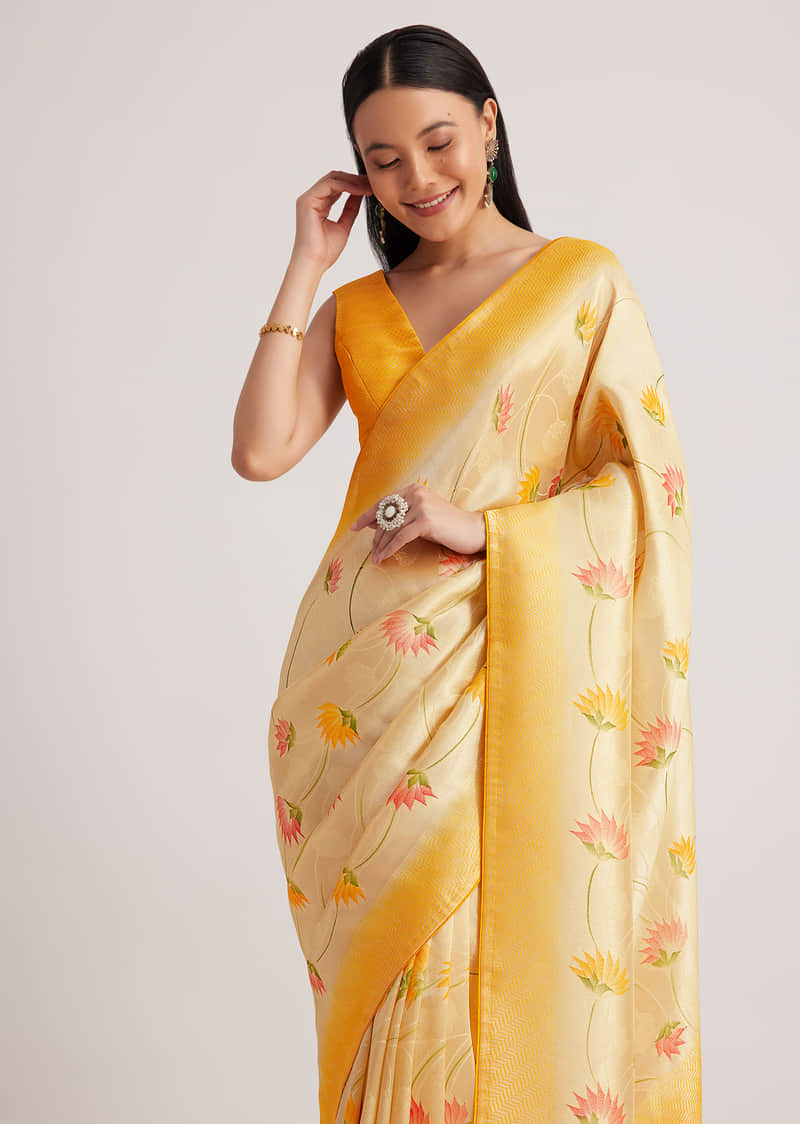 Buy Yellow Tissue Silk Woven Floral Motif Saree