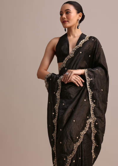 Buy Ink Black Saree In Chinon With Stones, Pearls And Cut Buy Ink Black Saree In Chinon With Stones, Pearls And Cut