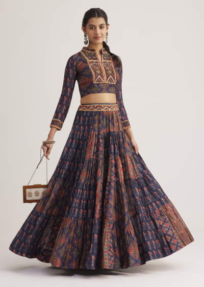 Buy Blue Silk Crop Top And Pant Set With Bandhani Print Jacket Buy Blue Silk Crop Top And Pant Set With Bandhani Print Jacket
