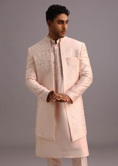 Buy Peach Thread Embroidered Cotton Silk Sherwani Set