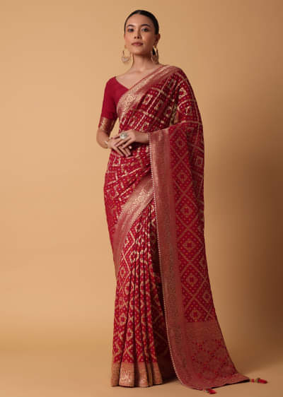 Buy Red Chiffon Bandhani Saree With Kundan Embroidered Border And Unstitched Blouse